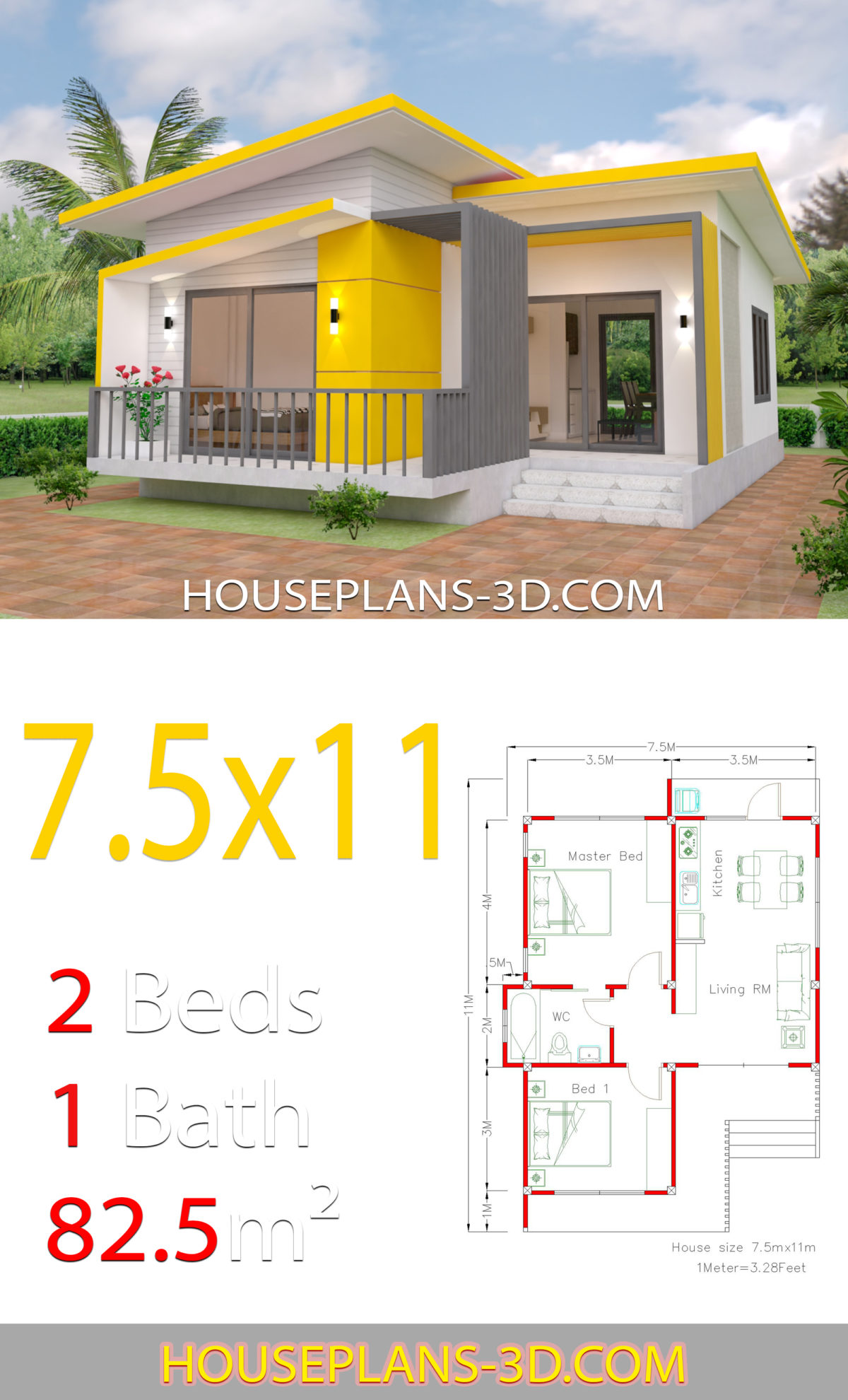 House design 7.5x11 with 2 Bedrooms Full plans - House Plans 3D