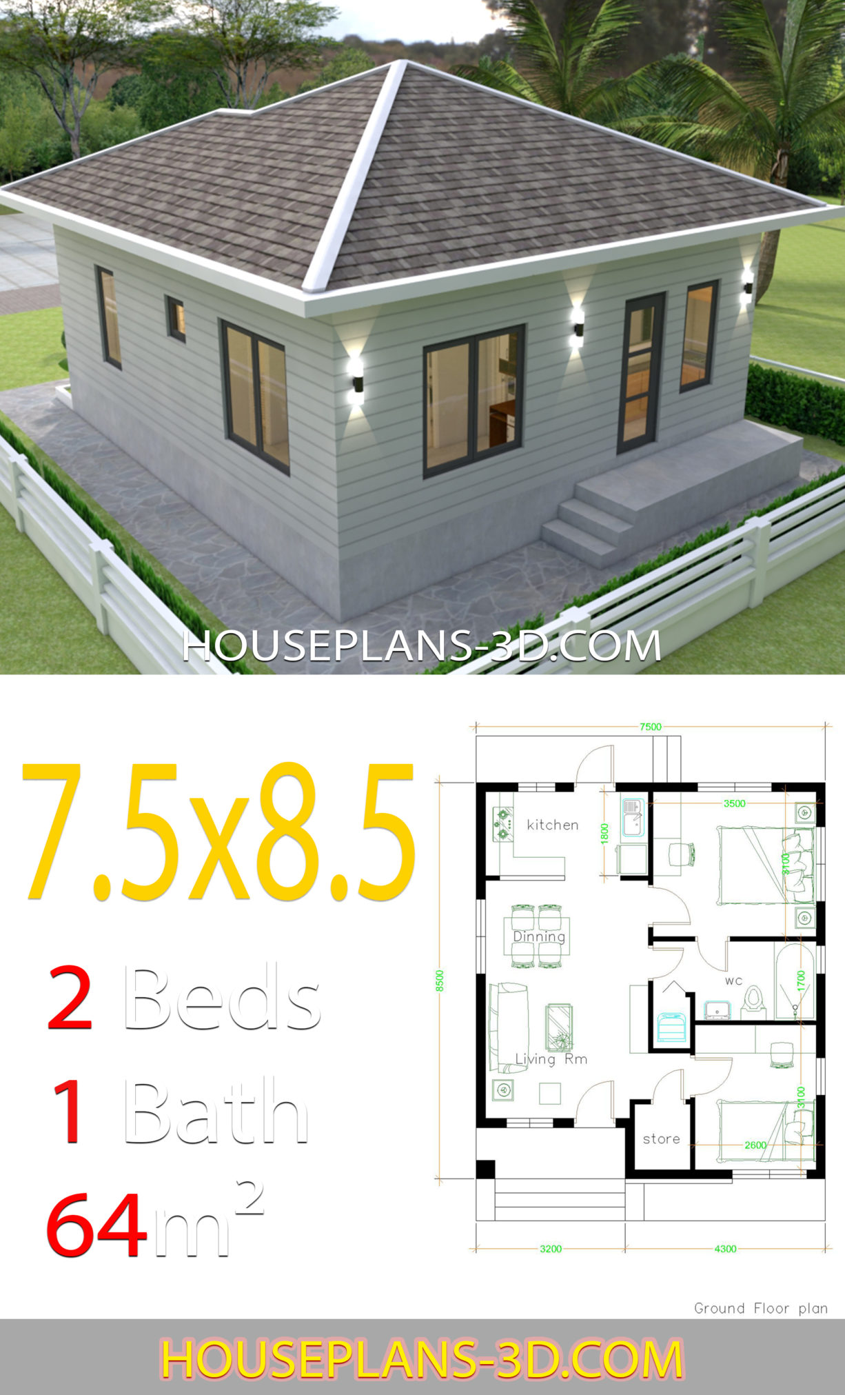 House design 7.5x8.5 with 2 bedrooms - House Plans 3D
