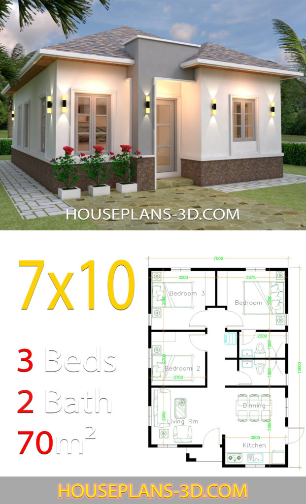 House design 7x10 with 3 Bedrooms Hip roof - House Plans 3D