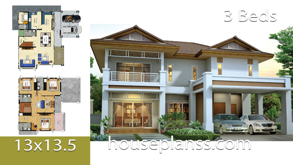 House design idea 13x13.5 with 3 bedrooms - House Plans 3D