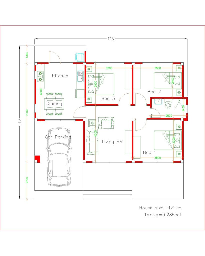 Simple House Design Plans 11x11 with 3 Bedrooms - House Plans 3D