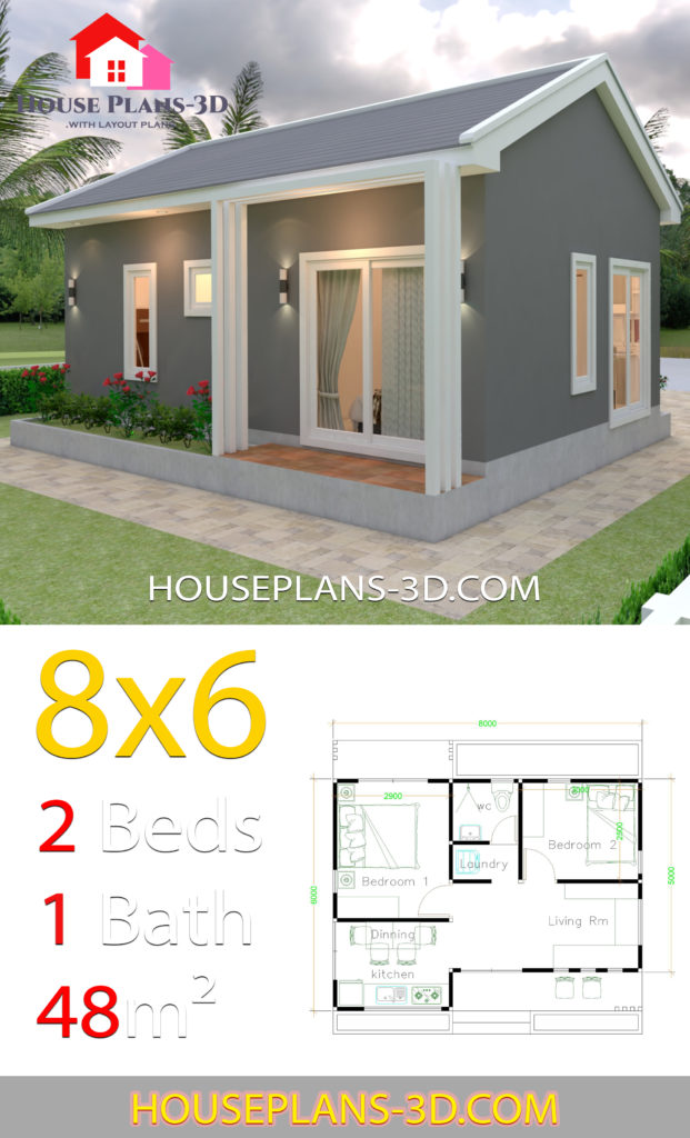 House Design Plans 8x6 with 2 Bedrooms - House Plans 3D