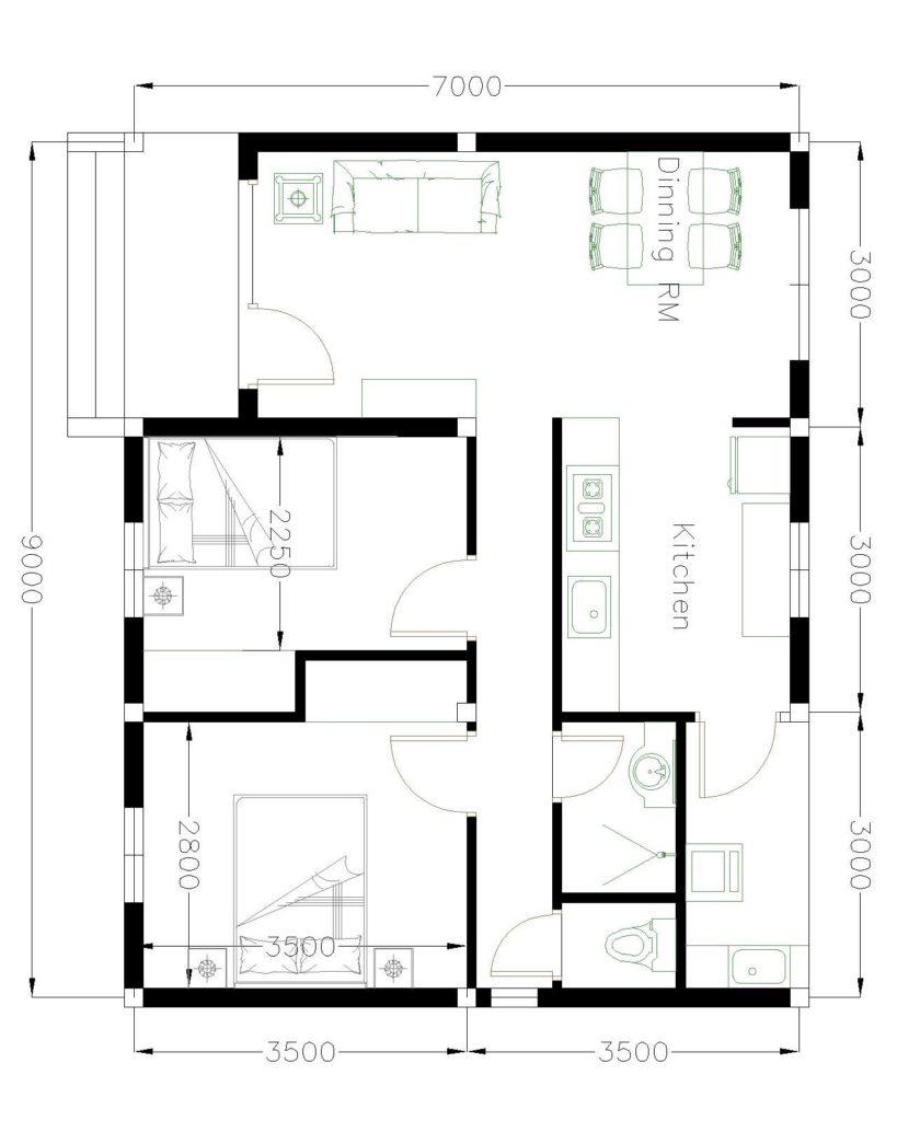 House Plans 9x7 with 2 Bedrooms Gable Roof - House Plans 3D