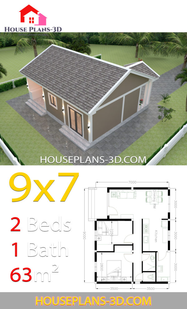 House Plans 9x7 with 2 Bedrooms Gable Roof - House Plans 3D